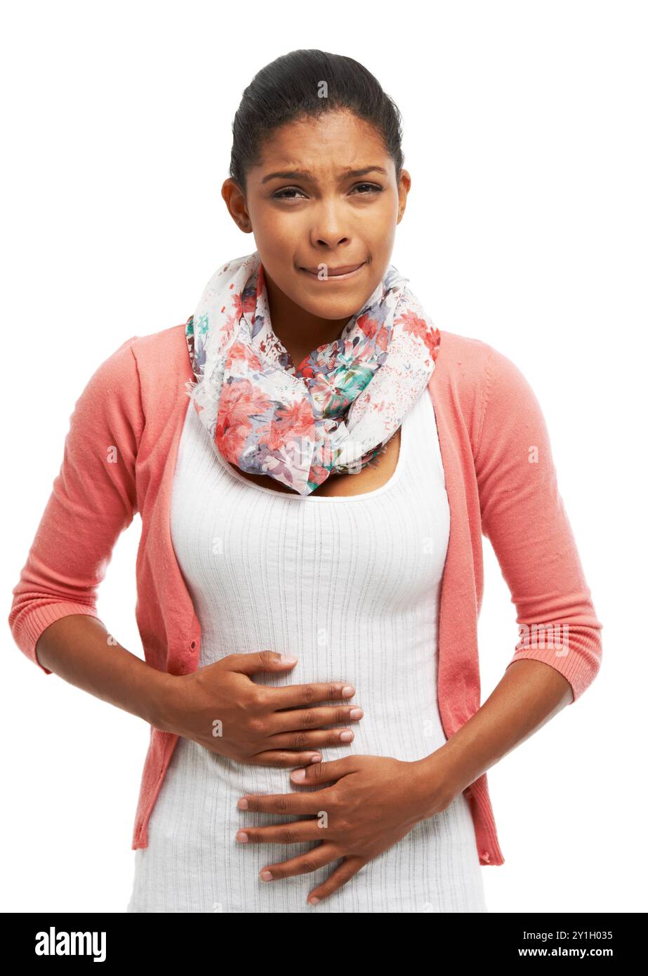 Studio, woman and portrait with pain for tummy, abdominal ache and ...