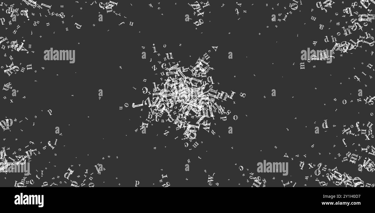 School notebook cover. White chalk floating letters of Latin alphabet ...