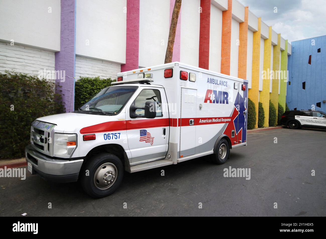 An American Medical Response AMR ambulance parked outside hotel, ready ...
