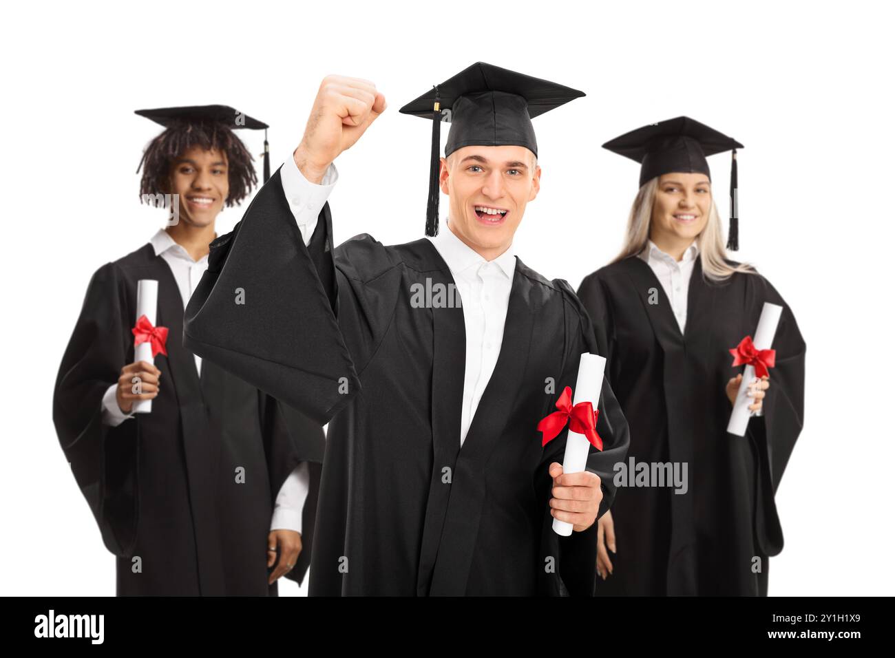 Group of graduate students with diplomas isolated on white background ...