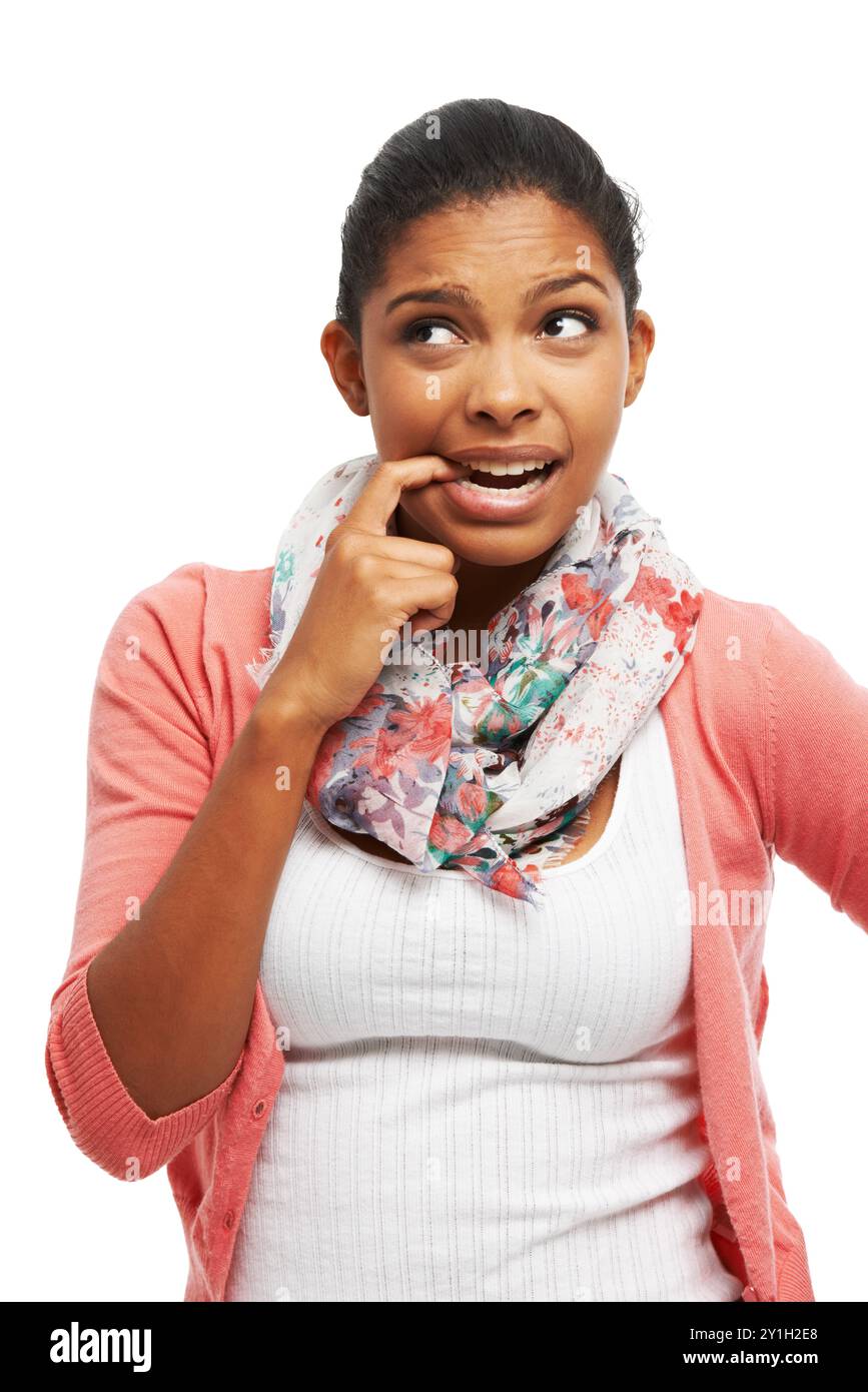 African woman, vision and mistake in studio for regret, stress and ...