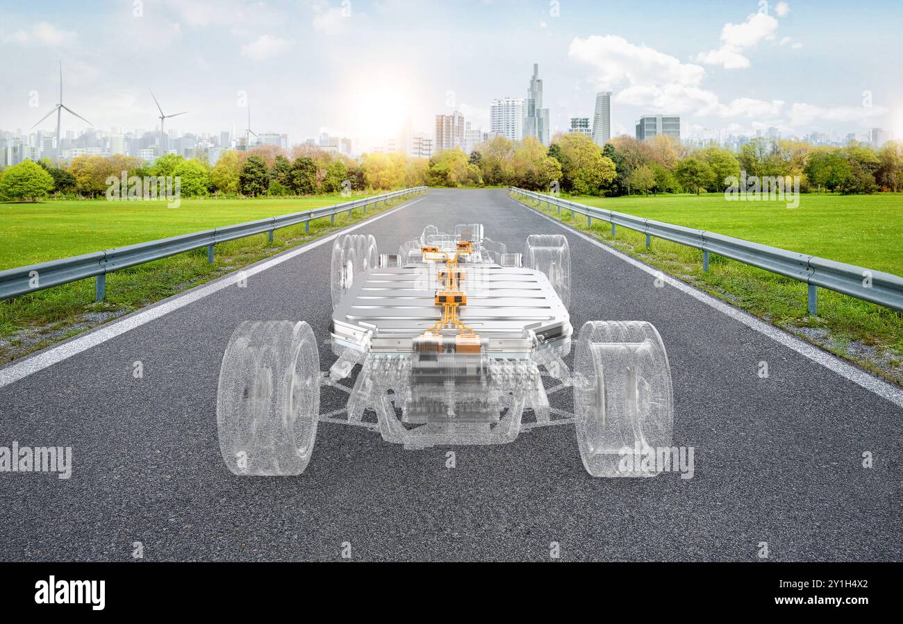 3d rendering transparent ev car or electric vehicle in town with ...