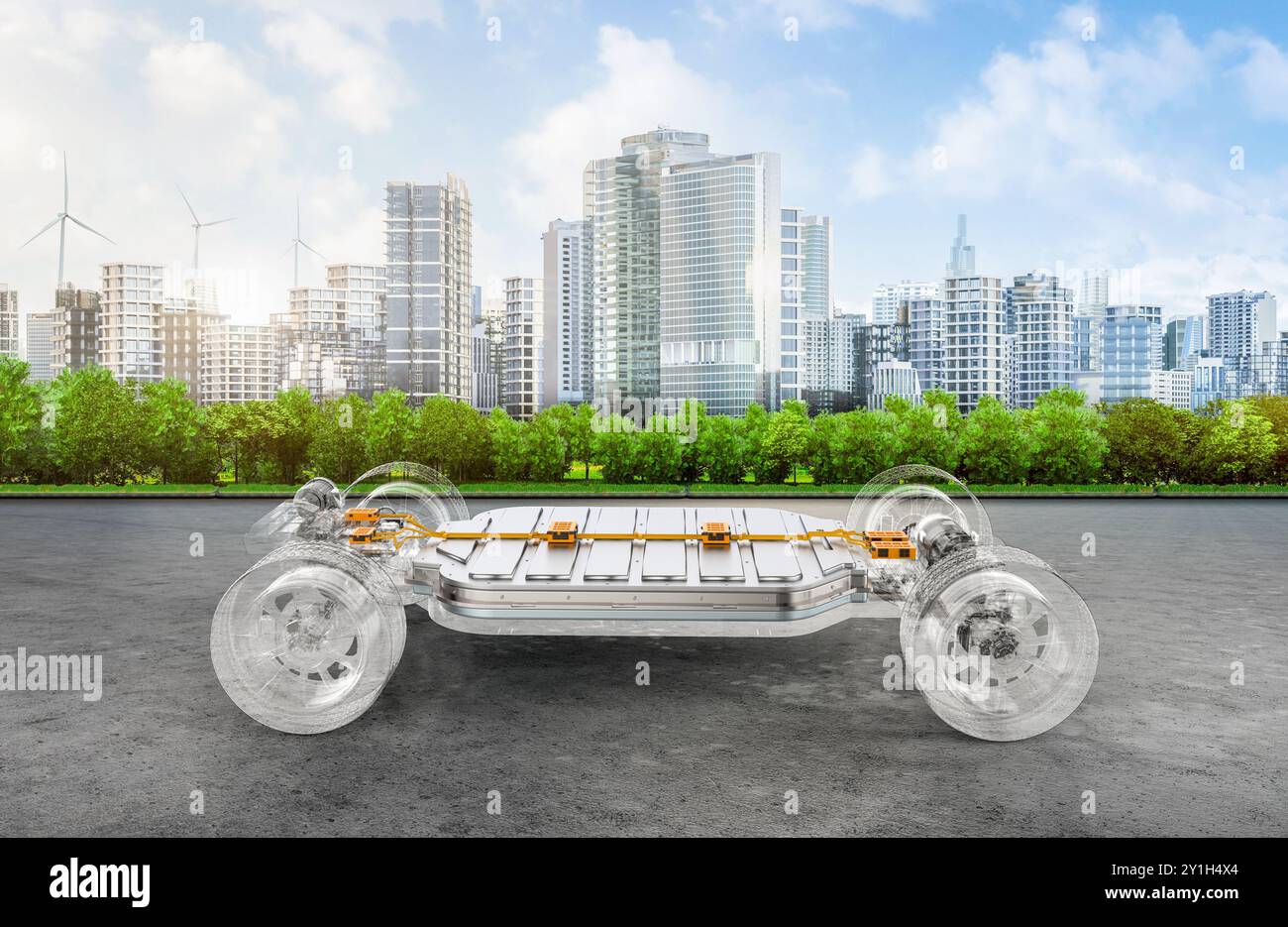 3d rendering transparent ev car or electric vehicle in town with ...