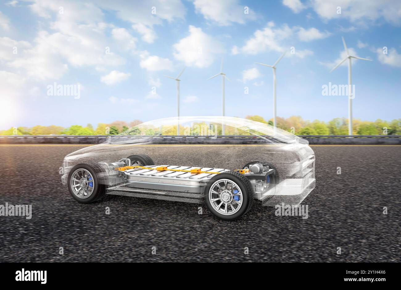 3d rendering transparent ev car or electric vehicle in town with ...