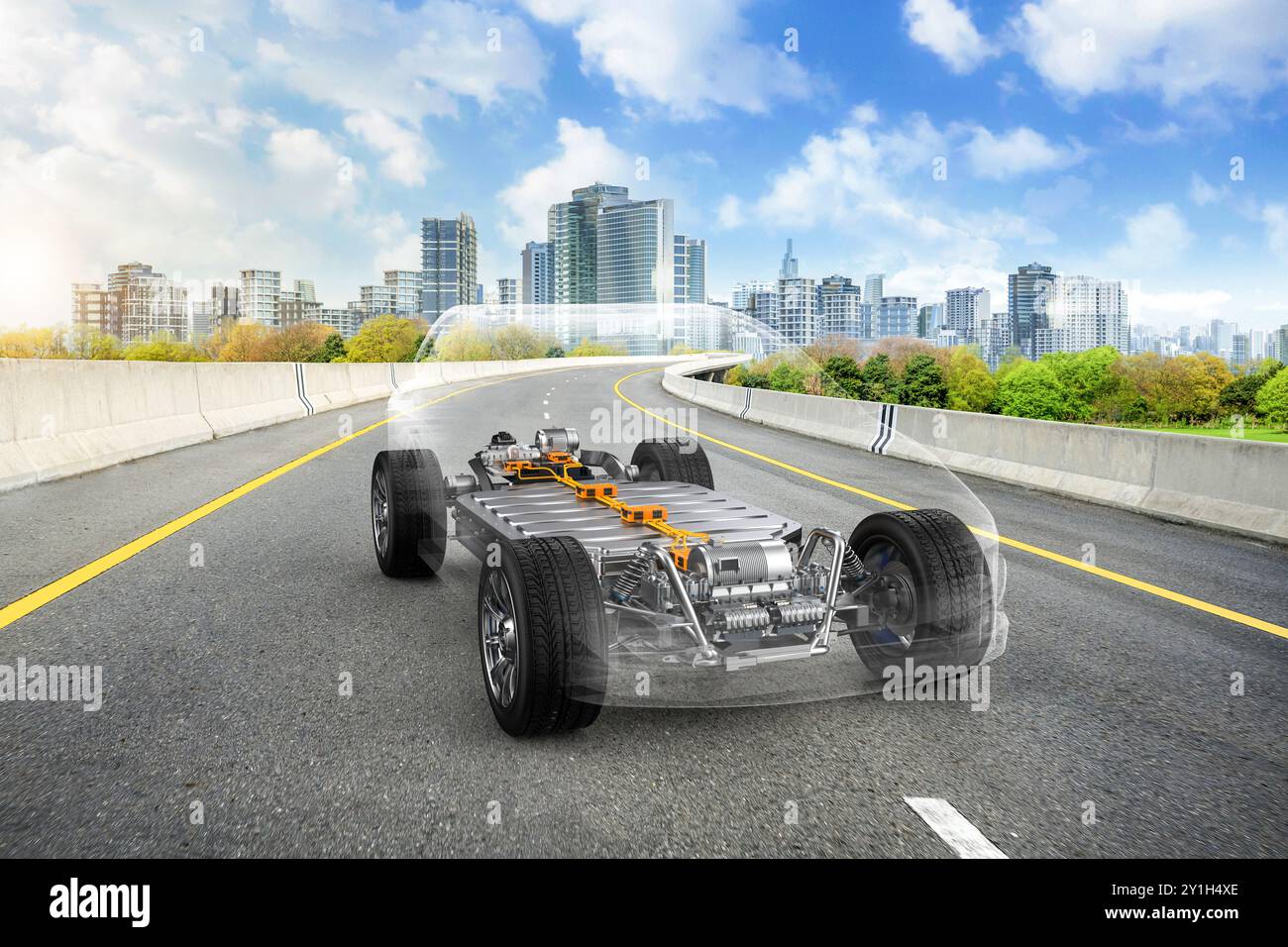 3d rendering transparent ev car or electric vehicle in town with ...