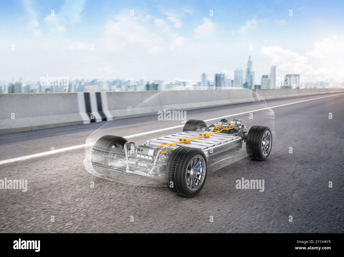 3d rendering transparent ev car or electric vehicle in town with ...