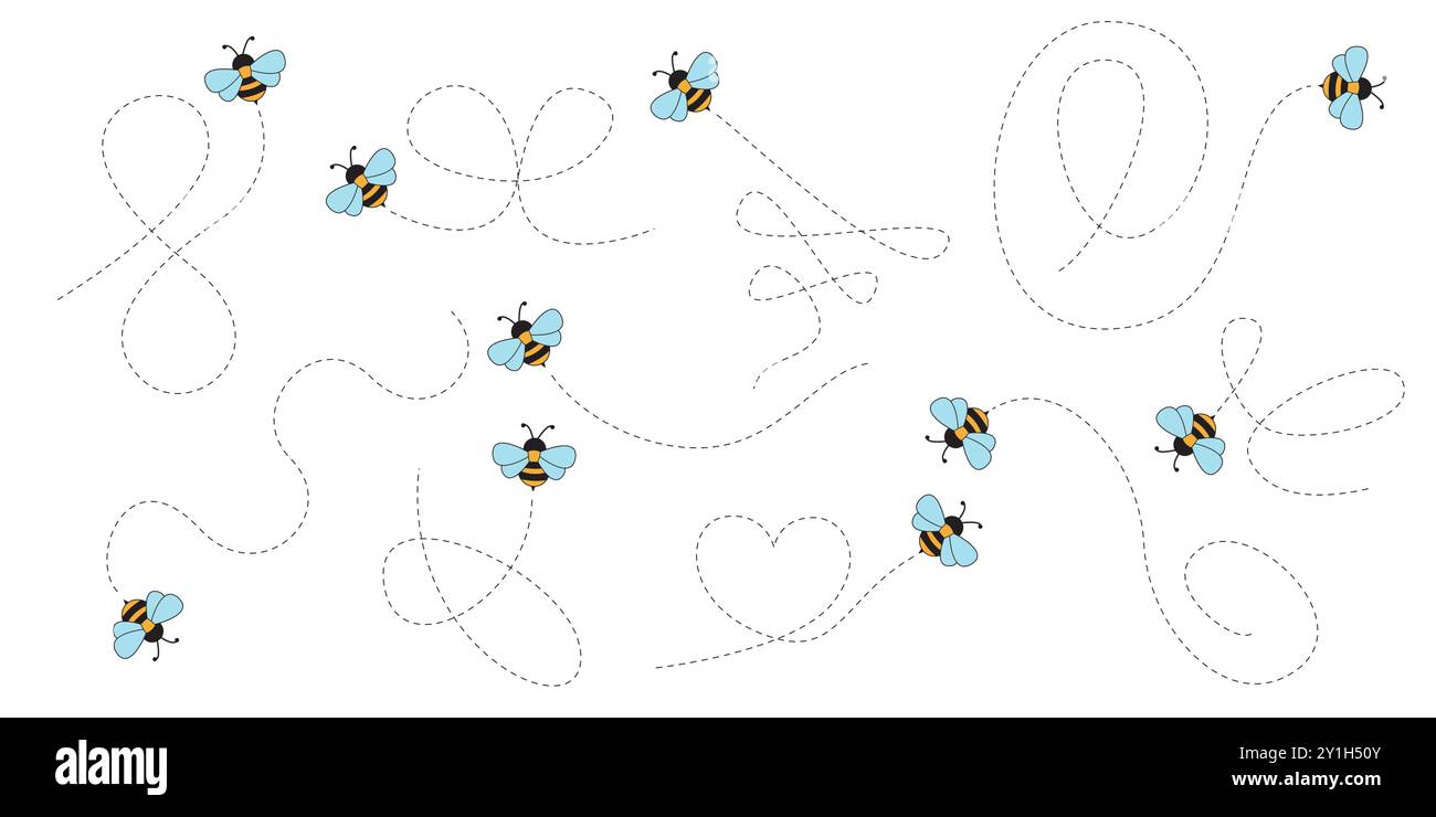 Hand Drawn Cartoon Bee Flying on a Dotted Route. Vector illustration ...