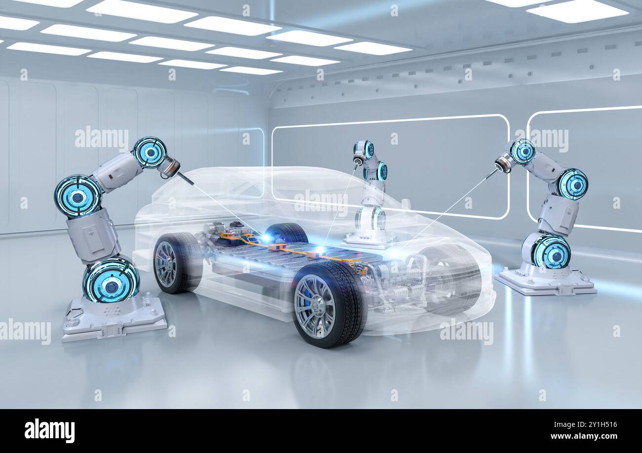 Automation automobile factory concept with 3d rendering robot assembly line with electric car ...