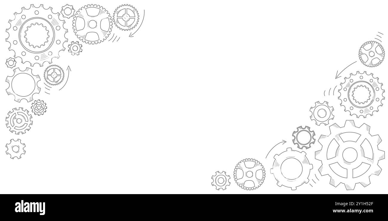 Hand drawn gear cogwheel corner. Doodle sketch style color gear ...