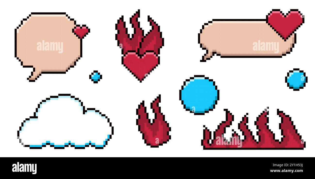 Set of pixel art dialogue box, heart, star, cloud. Speech bubbles in ...