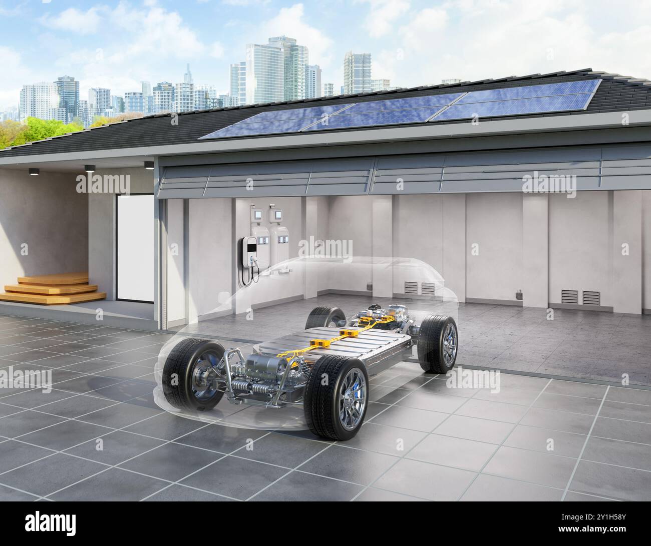 3d rendering solar panel on roof generate electricity for home garage ...