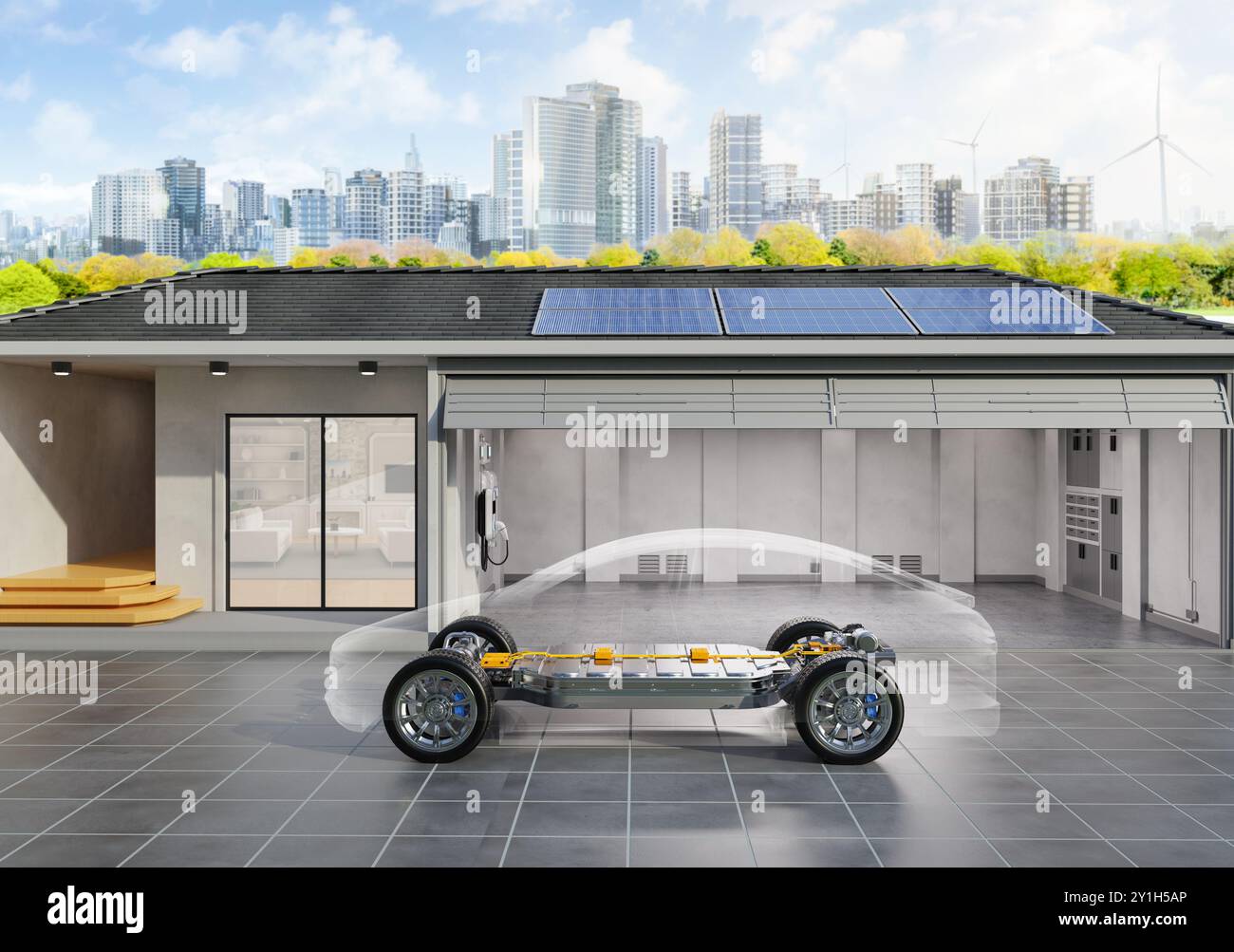 3d rendering solar panel on roof generate electricity for home garage ...