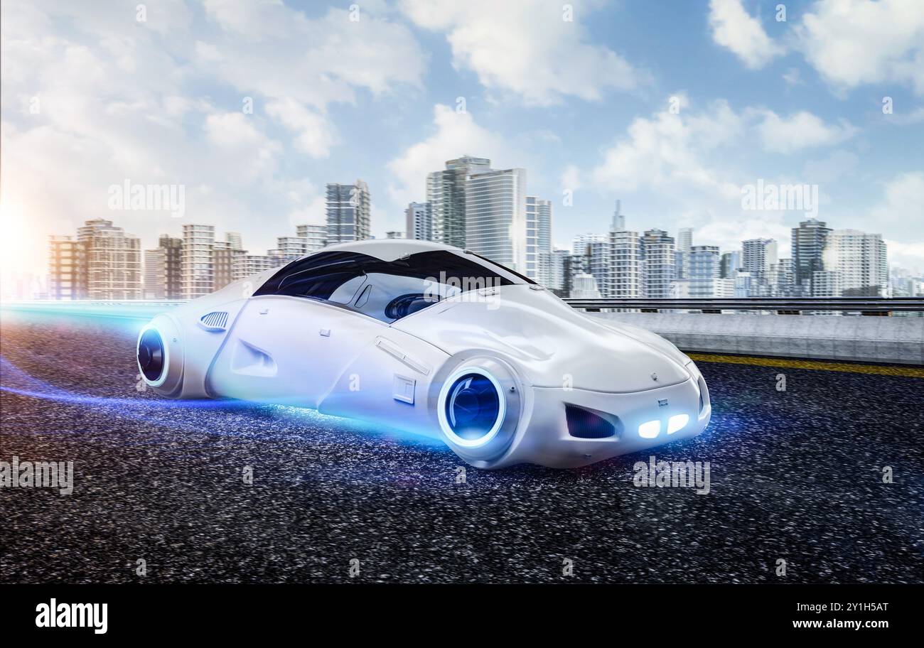 3d rendering ev car or electric vehicle drive in town with cityscape ...