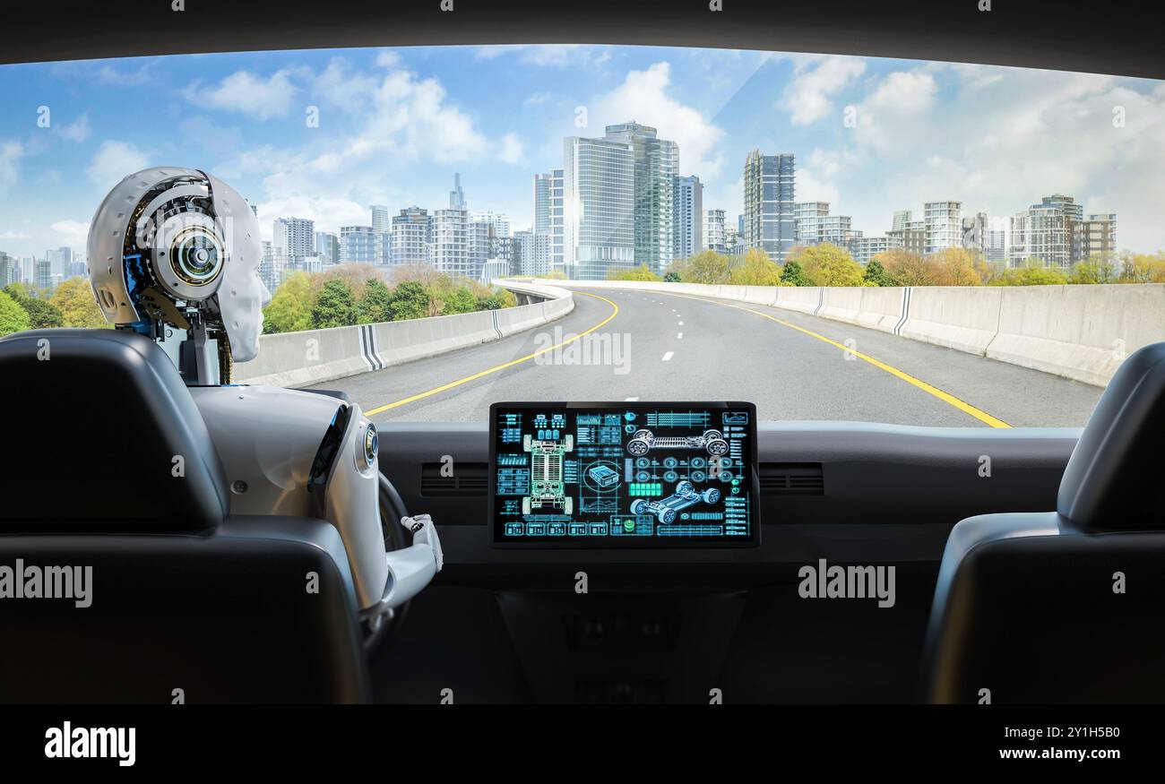 Auto steering or autopilot car with graphic display on monitor screen ...