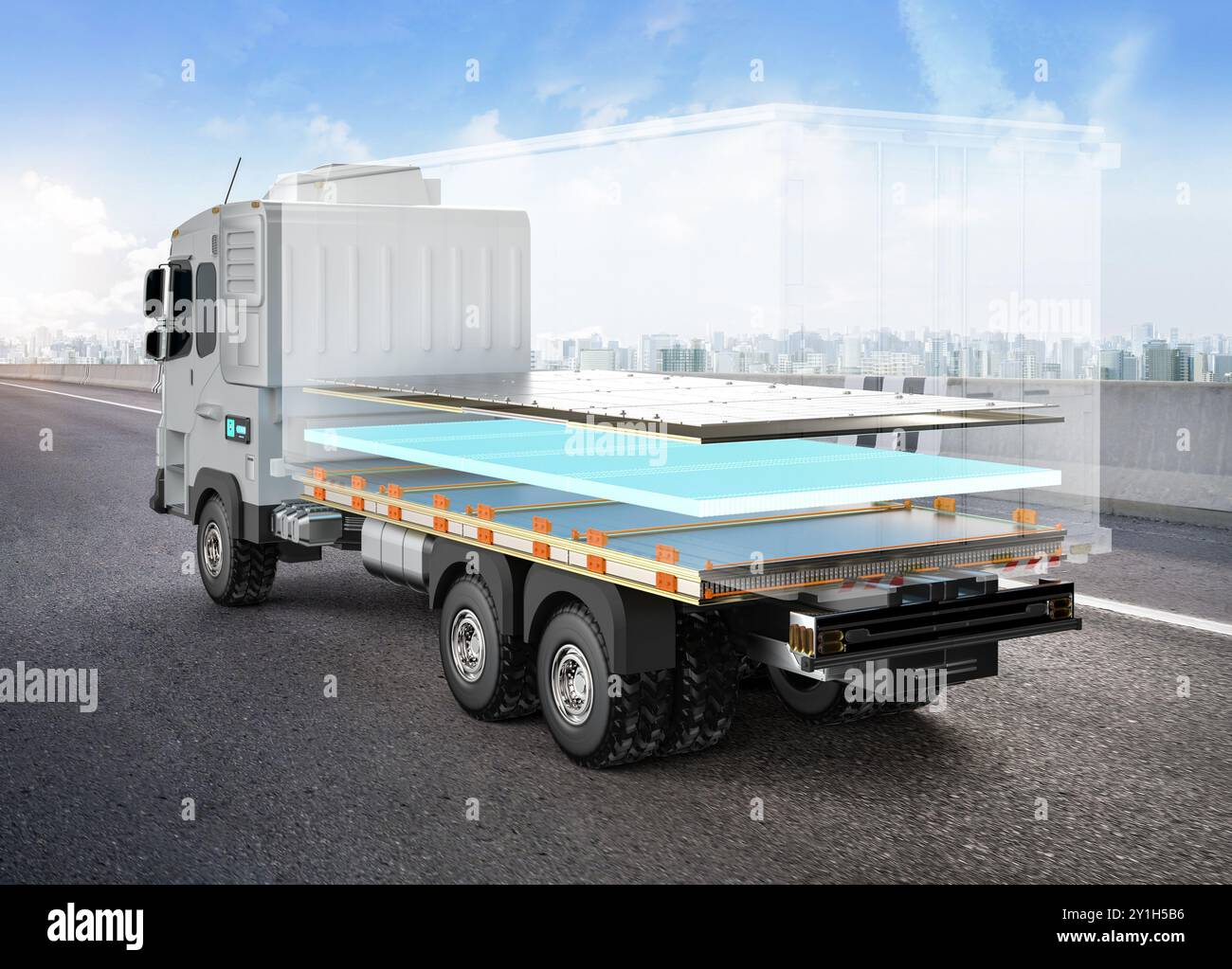 3d rendering ev logistic trailer truck or electric vehicle lorry with ...
