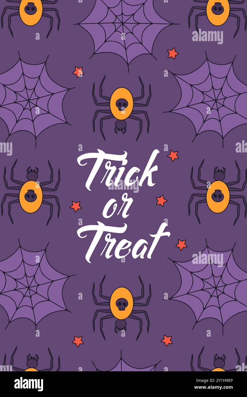 Card or poster with cute Halloween illustration with spiders and cobweb ...