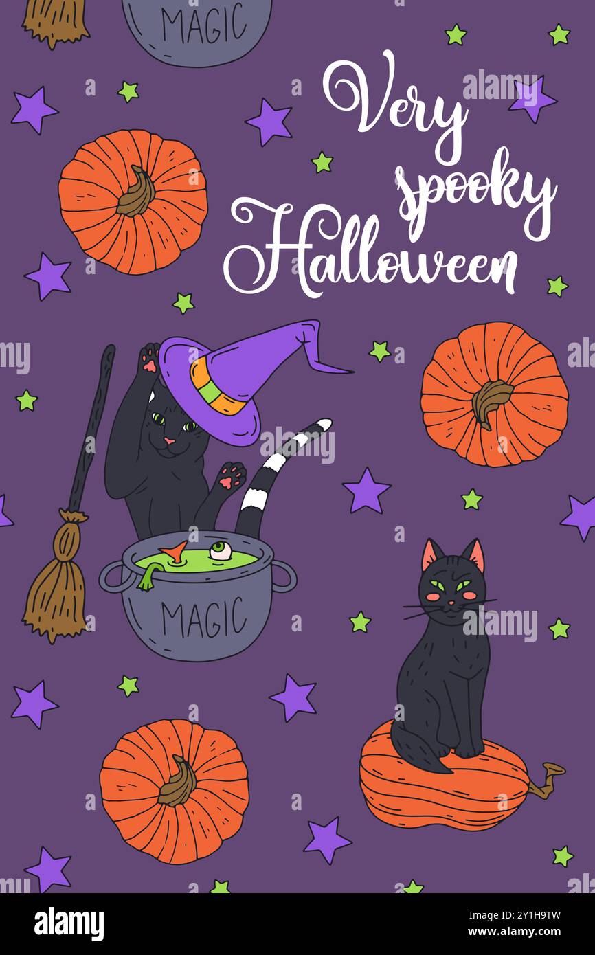 Card or poster with cute Halloween illustration with black witchy cats ...