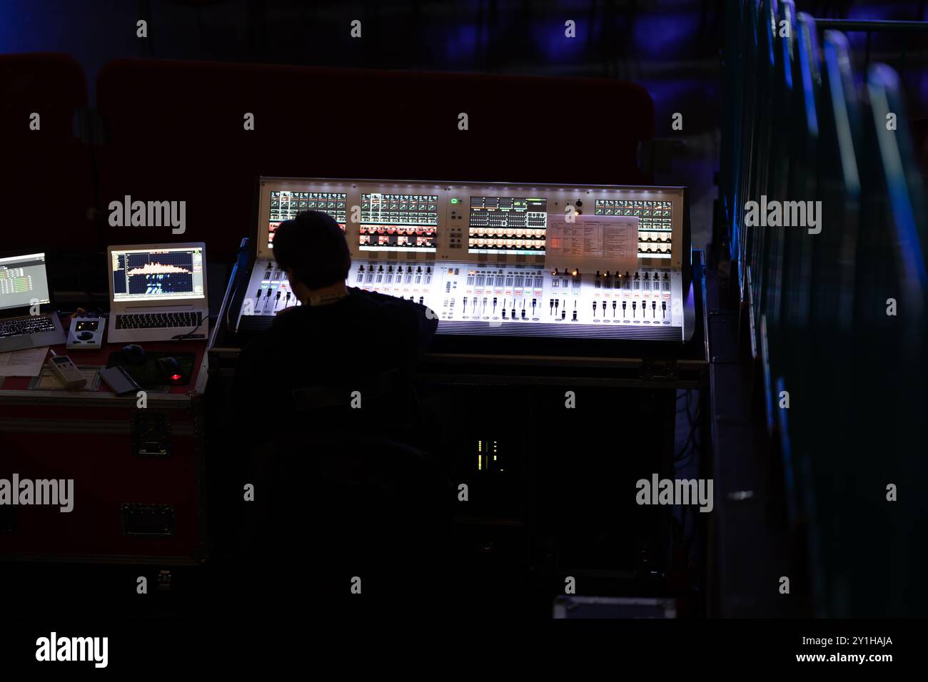 Light and sound engineer controls the console for the stage Stock Photo ...