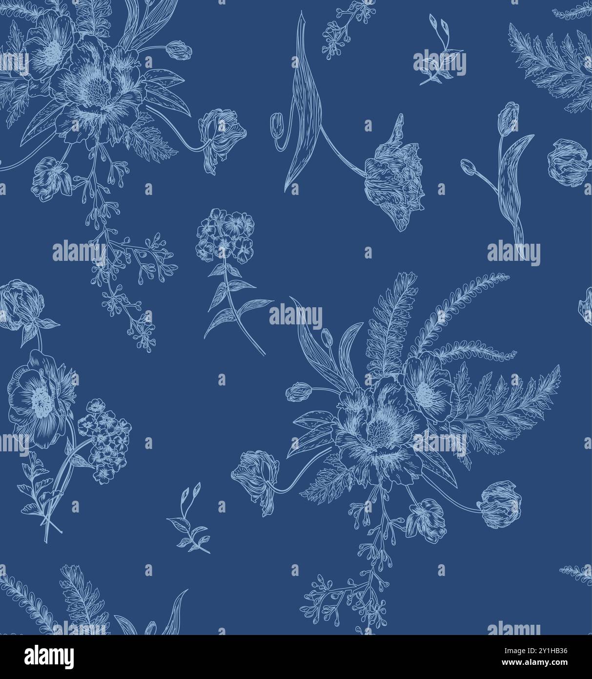 Floral toile hand sketch vintage style seamless pattern all over print ...