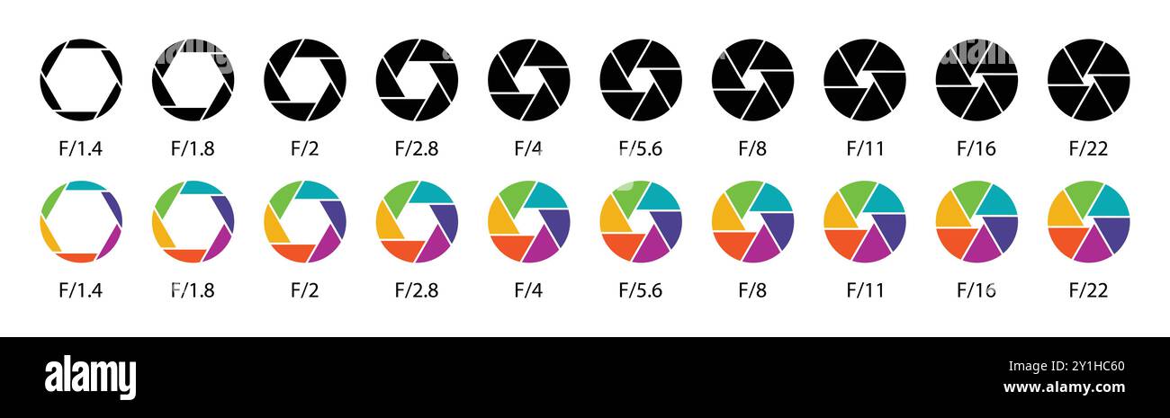 Camera lens diaphragm collection. Aperture icon symbol set in black and ...