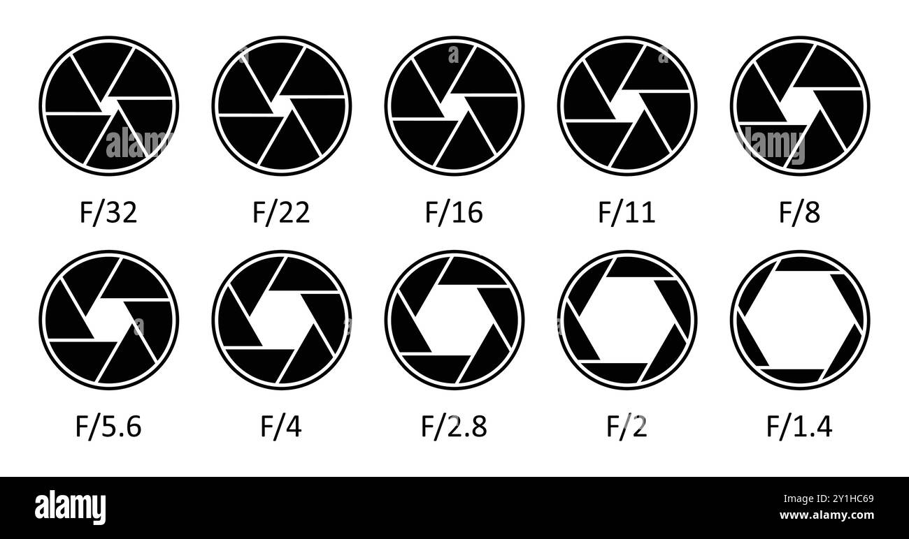 Camera lens diaphragm collection. Aperture icon symbol set in black ...