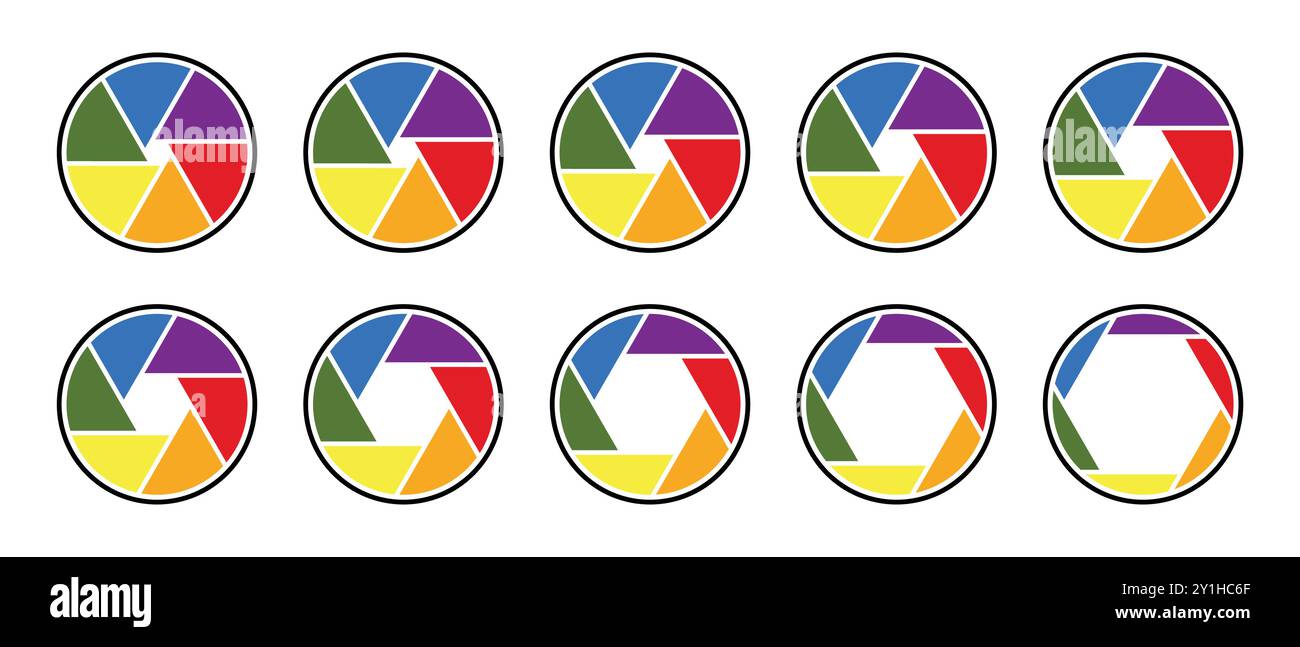 Camera lens diaphragm collection. Aperture icon symbol set in colors ...