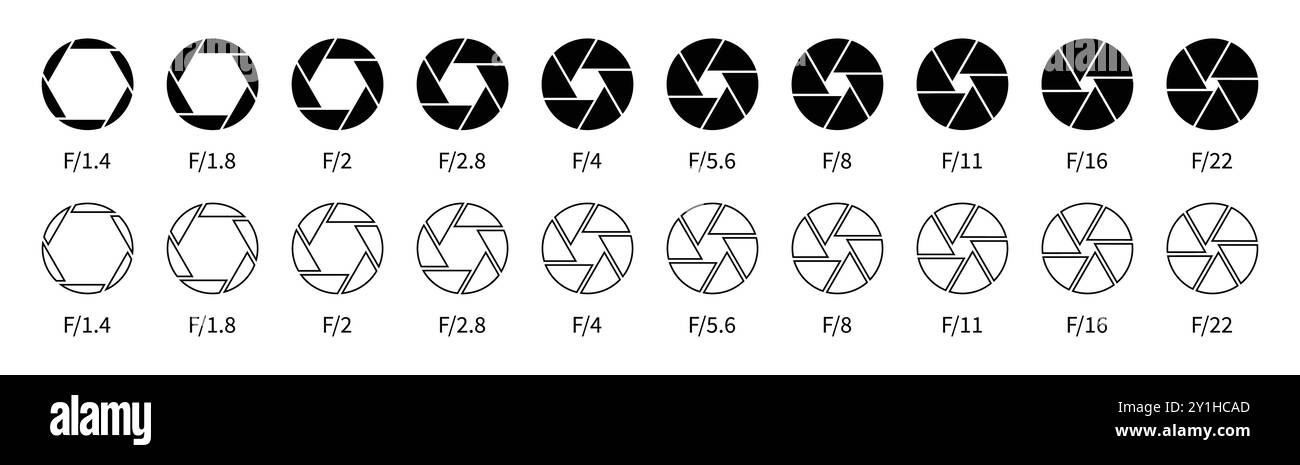 Camera lens diaphragm collection. Aperture icon symbol set in black ...