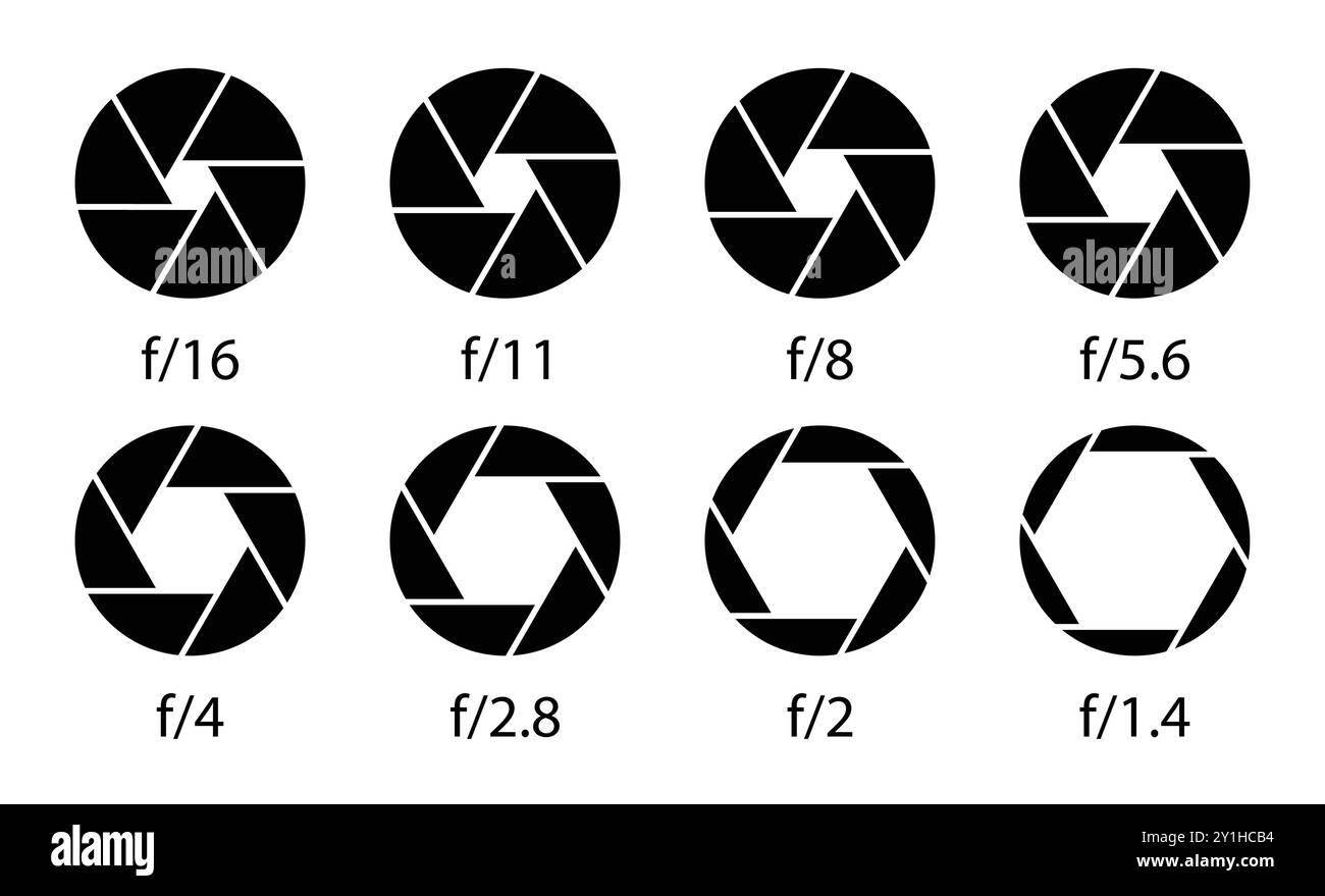 Camera lens diaphragm collection. Aperture icon symbol set in black ...