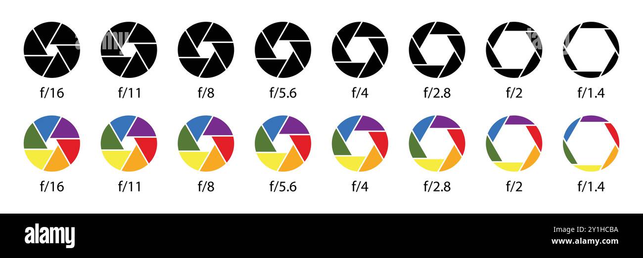 Camera lens diaphragm collection. Aperture icon symbol set in black and ...