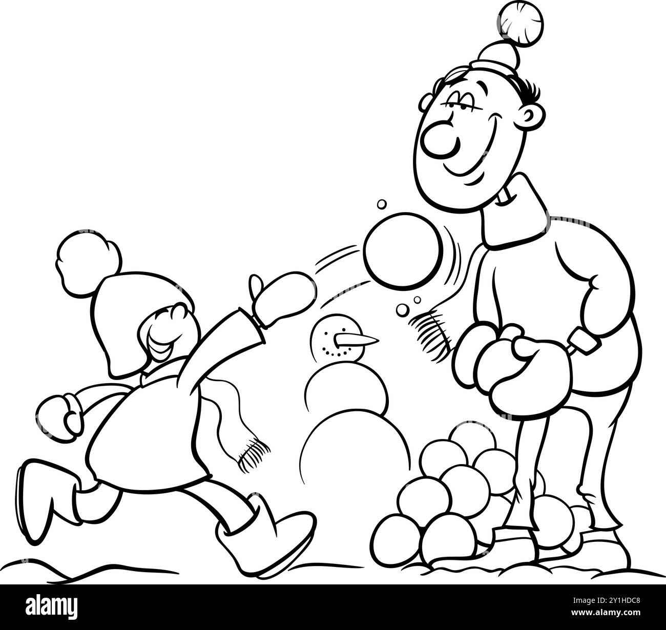 Cartoon illustration of father and little son throwing snowballs and ...
