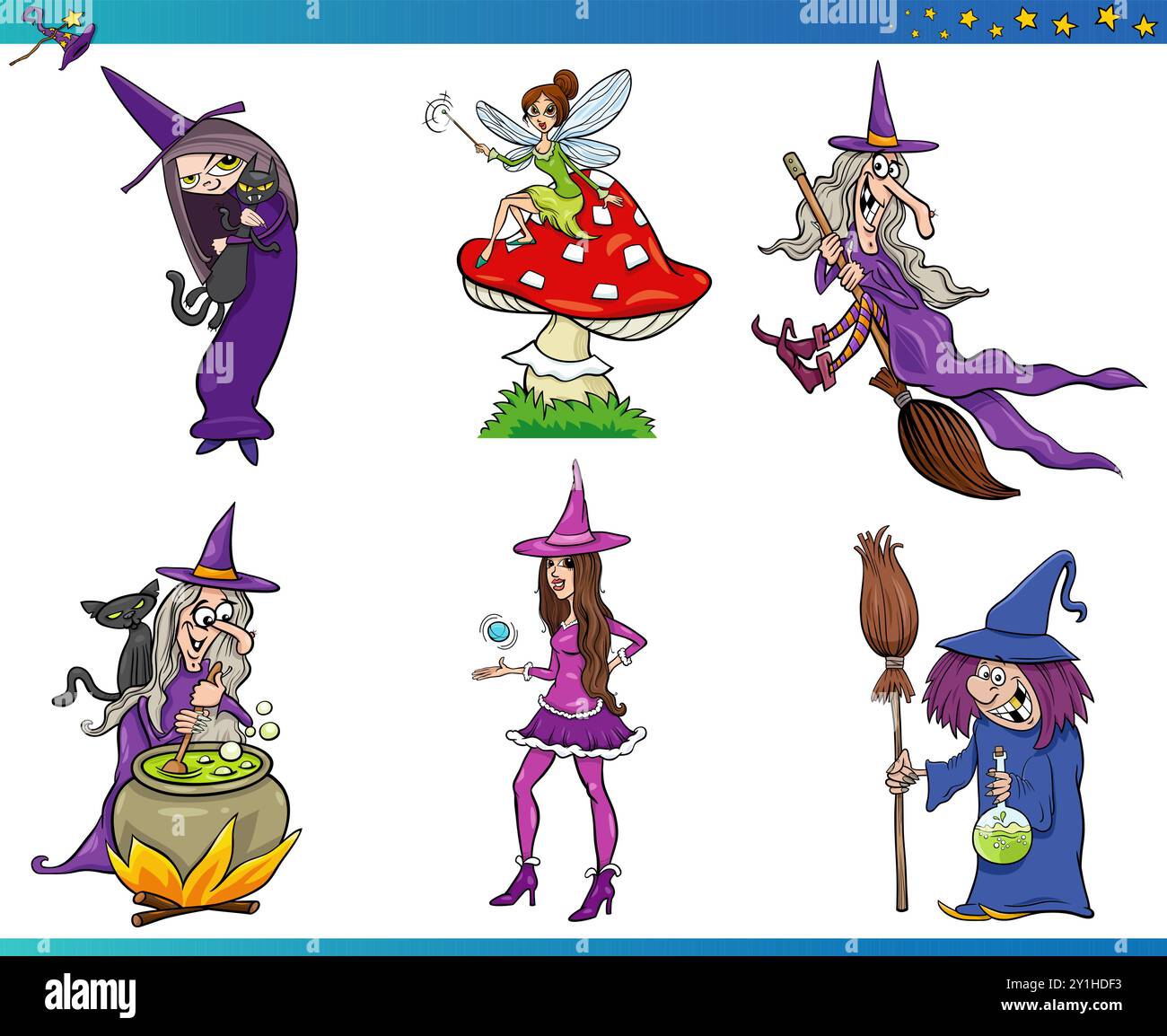 Cartoon illustrations of funny witches fantasy characters set Stock ...