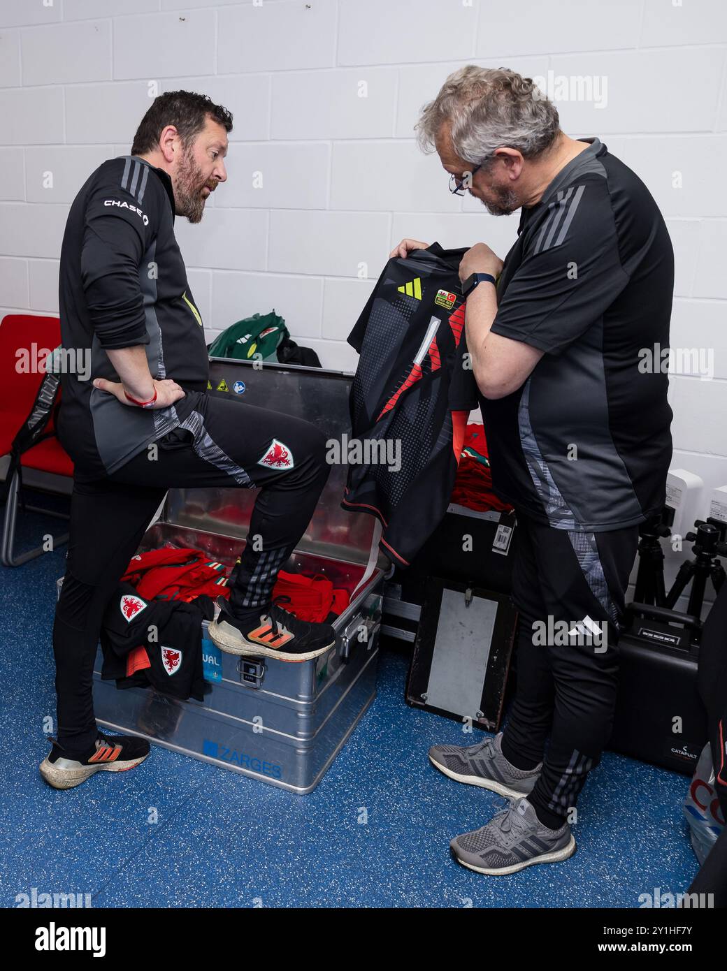 CARDIFF, WALES - 06 SEPTEMBER 2024: Wales’ Equipment Manager David Griffiths and Wales ...