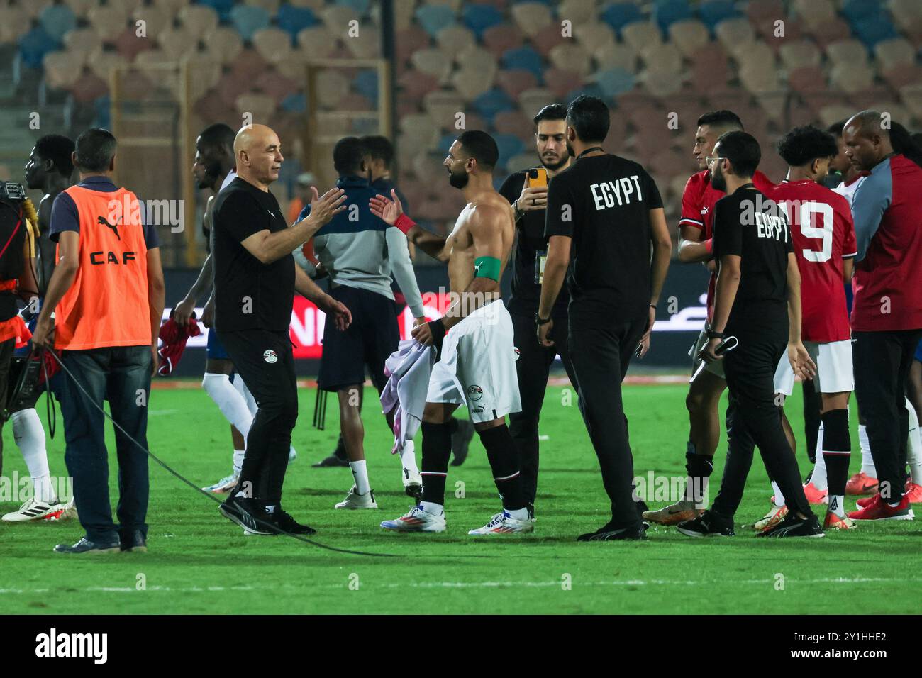 Egypt. Cairo - 6 September 2024 - head coach Hossam Hassan and Mohamed Salah of Egypt during the ...