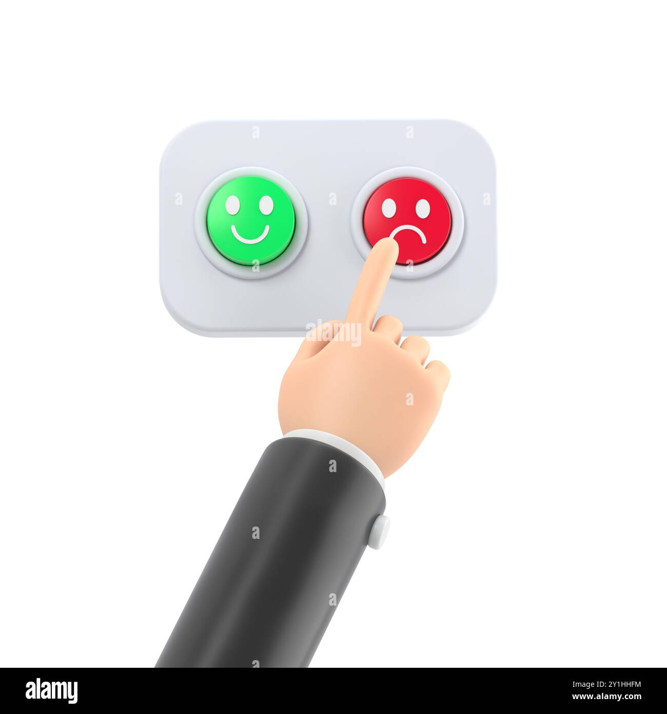 Disappointed customer cartoon hand presses the red button. Business or ...