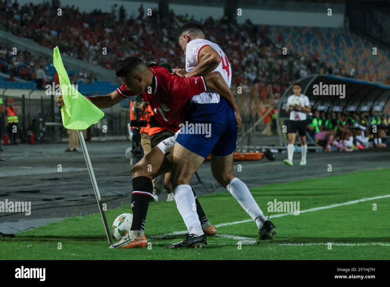 Egypt. Cairo - 6 September 2024 - Mostafa Mohamed of Egypt and Roberto Lopes of Cape Verde ...