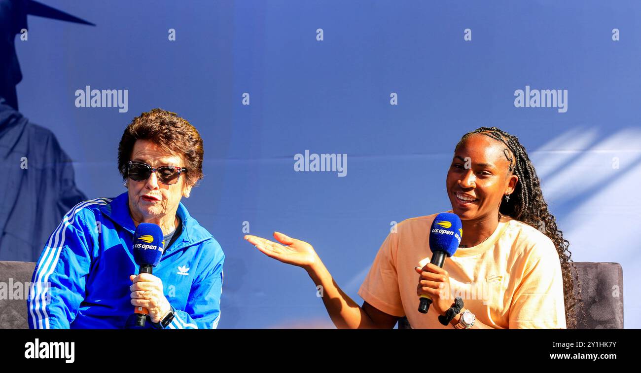 Queens, New York, USA - 20 August 2024: Billie Jean King engages in a ...