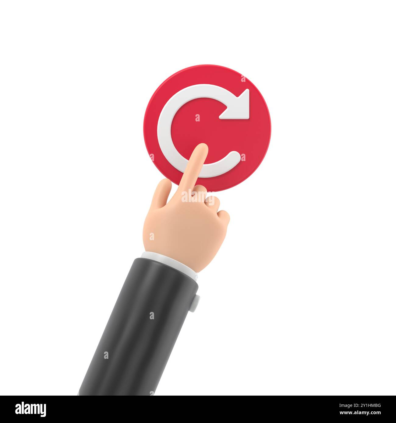 Reboot concept. Restarting technology. Hand to push big red button. 3d ...