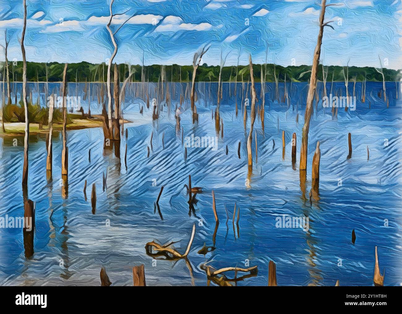 Impressionist style painting of a lake with trees Stock Photo - Alamy