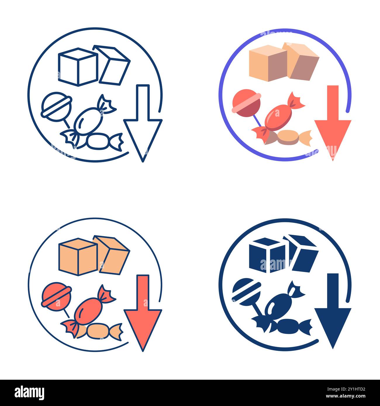 Reduce sugar icon set in flat and line style. Eat less sugar and sweets ...