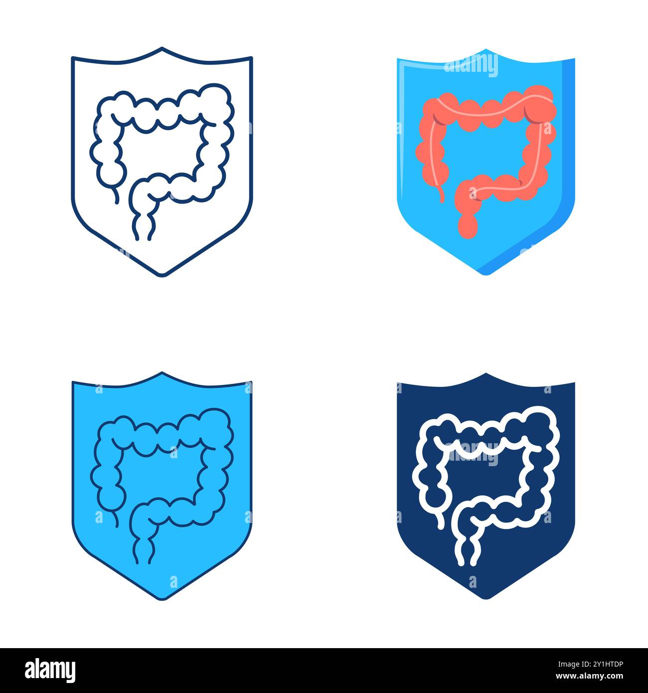 Stomach protection icon set in flat and line style. Intestine in shield ...