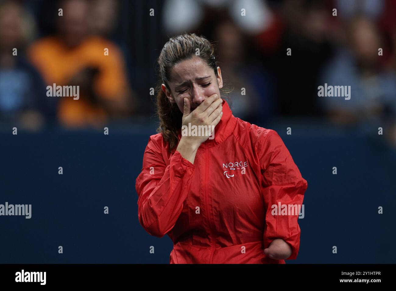 Norway's Aida Husic Dahlen reacts on the medal podium after losing in ...