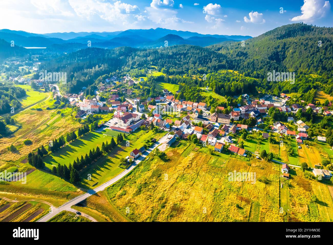 Idyllic town of Lokve in Gorski Kotar mountain region aerial view ...
