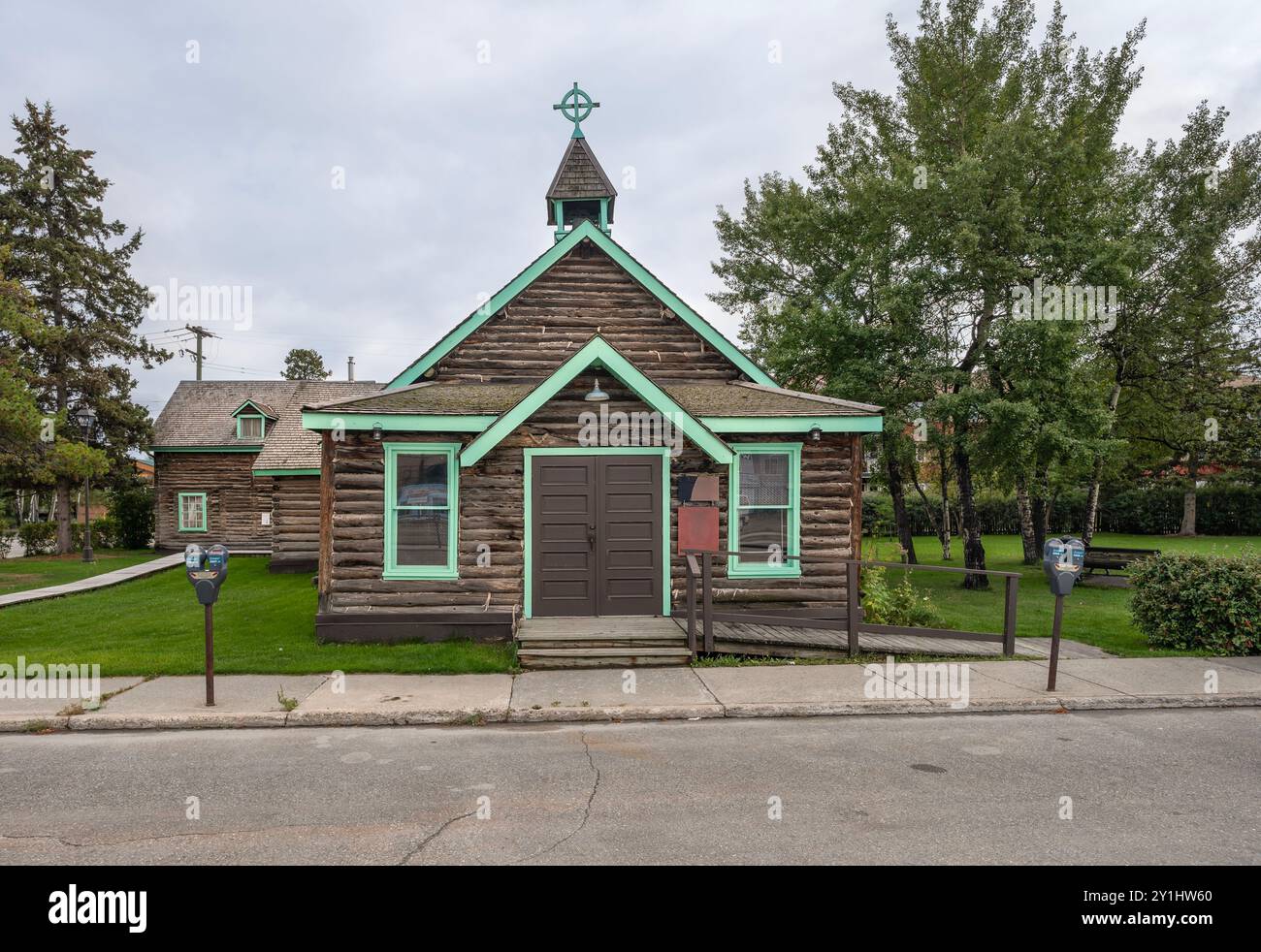 Old historic log church in downtown Whitehorse, Yukon, Canada Stock ...