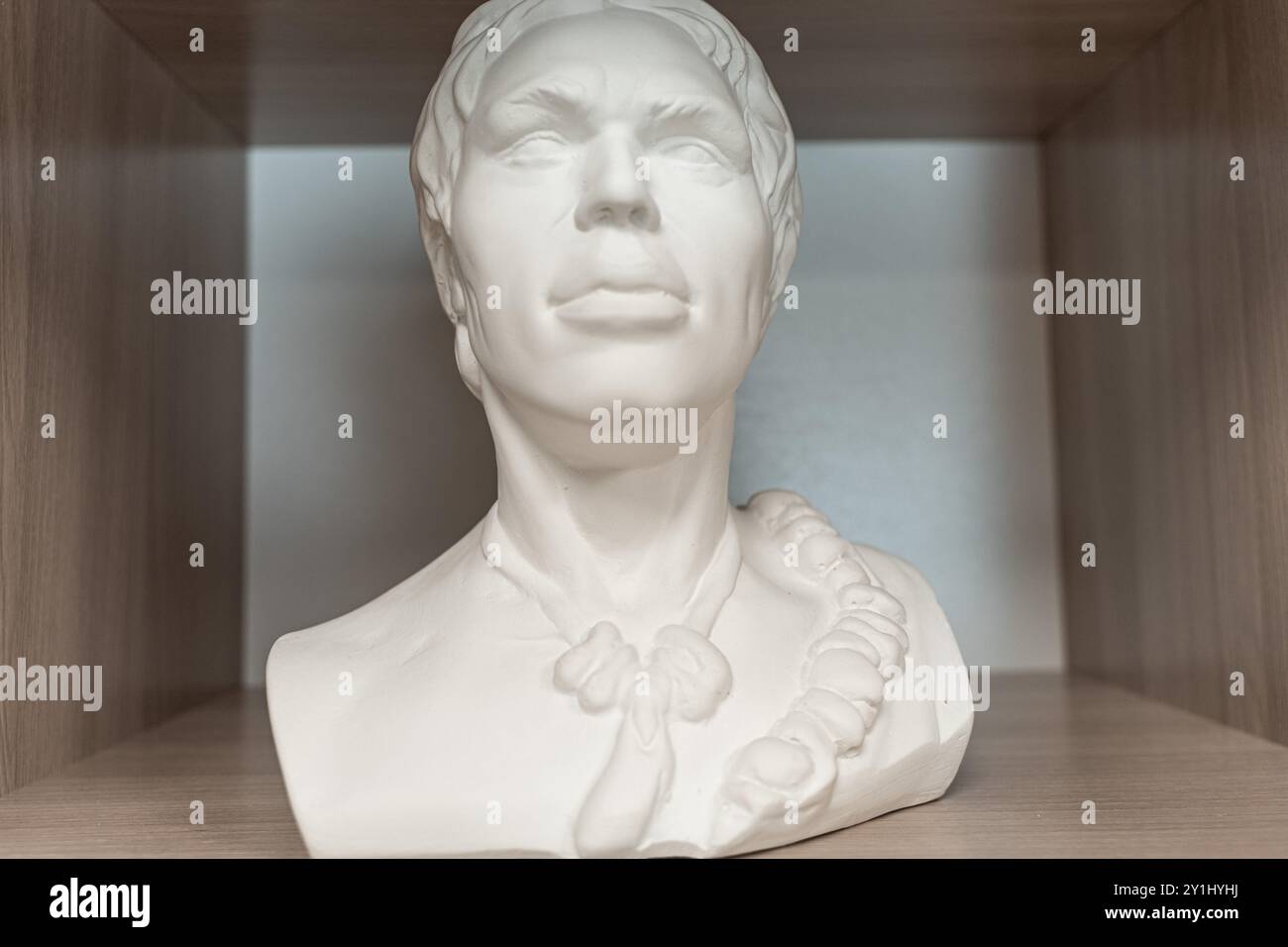 A model of an ancient man made of plaster on a shelf. Study of human ...