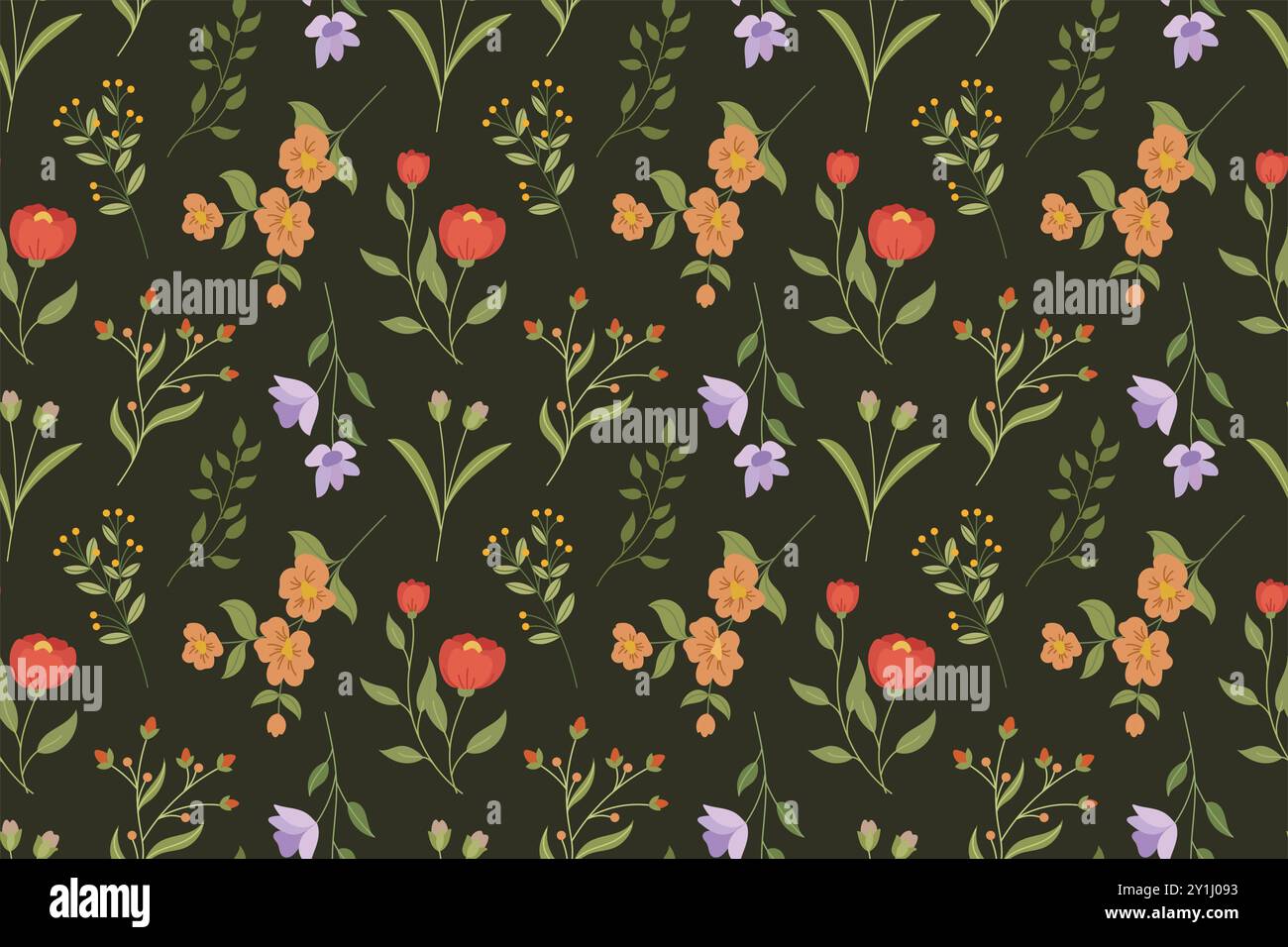 Floral Seamless Pattern Colorful flat style design on Dark Green ...