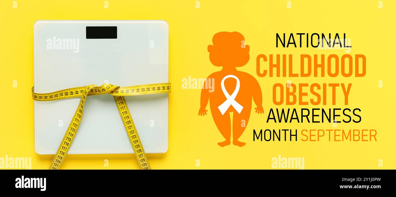 Scales with measuring tape on yellow background. Banner for National ...