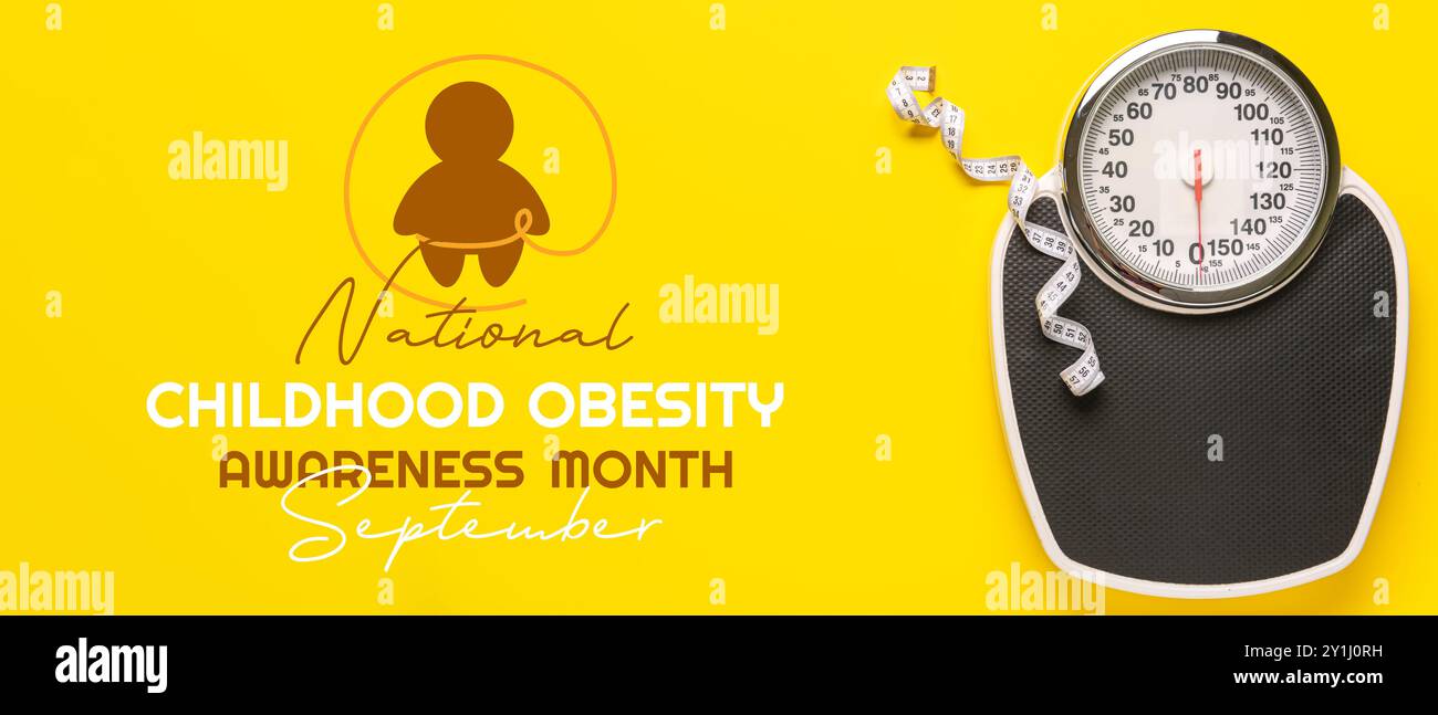 Scales with measuring tape on yellow background. Banner for National ...