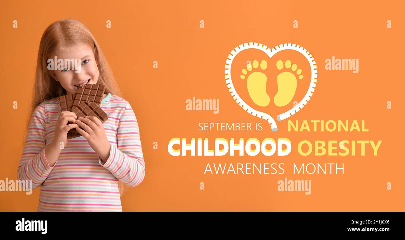 Little girl eating chocolate on color background. Banner for National ...