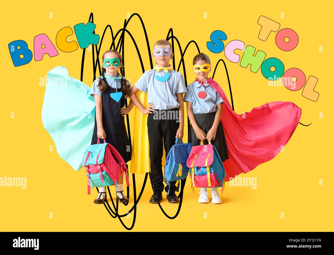 Banner with pupils dressed as superheroes with backpacks and text BACK ...