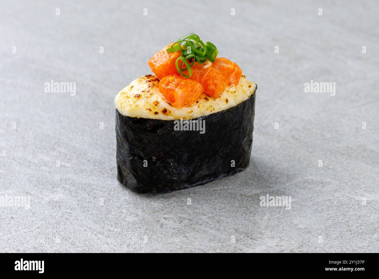 Hawaiian salmon poke bowl with avocado, Top view, gray background Stock ...